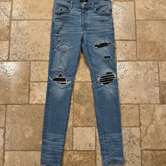 AMIRI | Jeans | Amiri Mx Black Leather Patch Blue Light Wash Denim ...